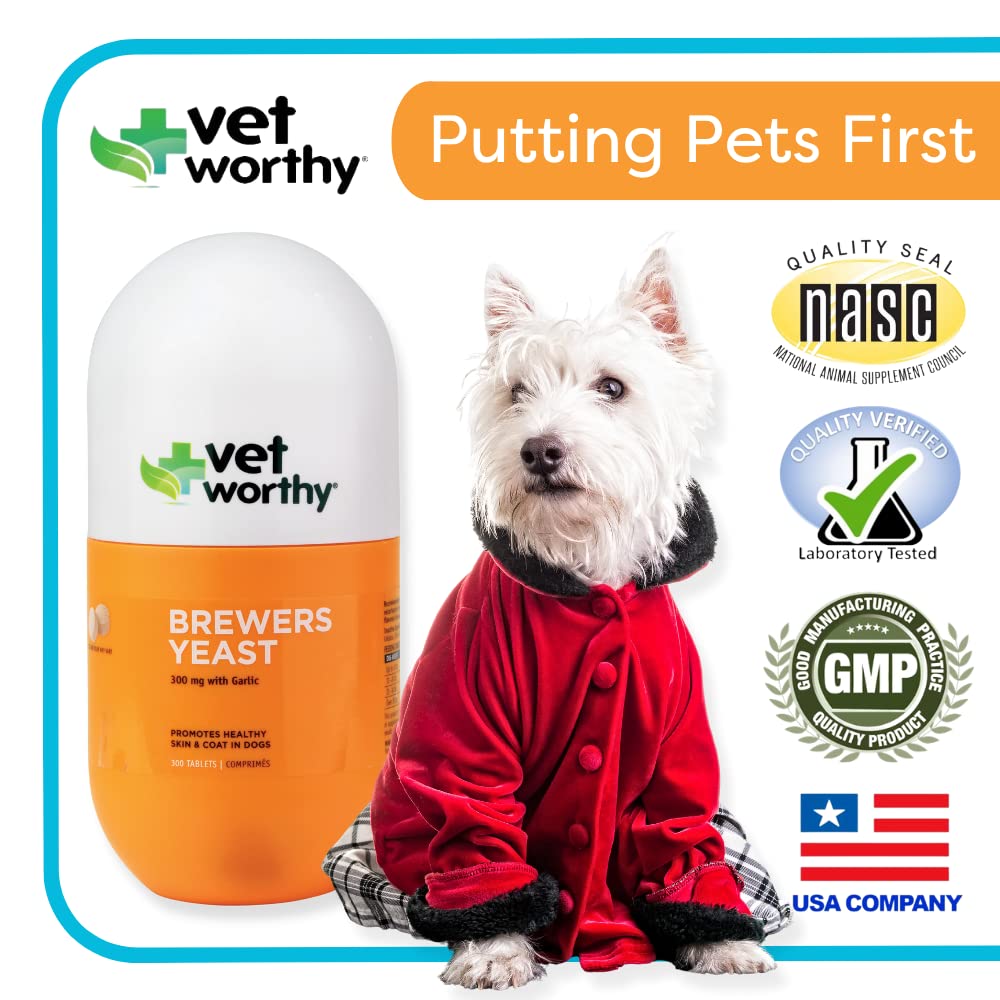 Vet Worthy Brewer’s Chewables for Dogs - Dog Daily Supplement to Support Healthy Skin and Coat - Brewers Supplement with Zinc, Iron, Vitamin B Complex - Garlic Flavored, 300 Tablets