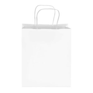 Prime Line Packaging 8x4x10 100 Pack Small White Kraft Paper Shopping Bags with Handles, Business, Boutiques, Retail, Birthdays, Party Favors, Bulk