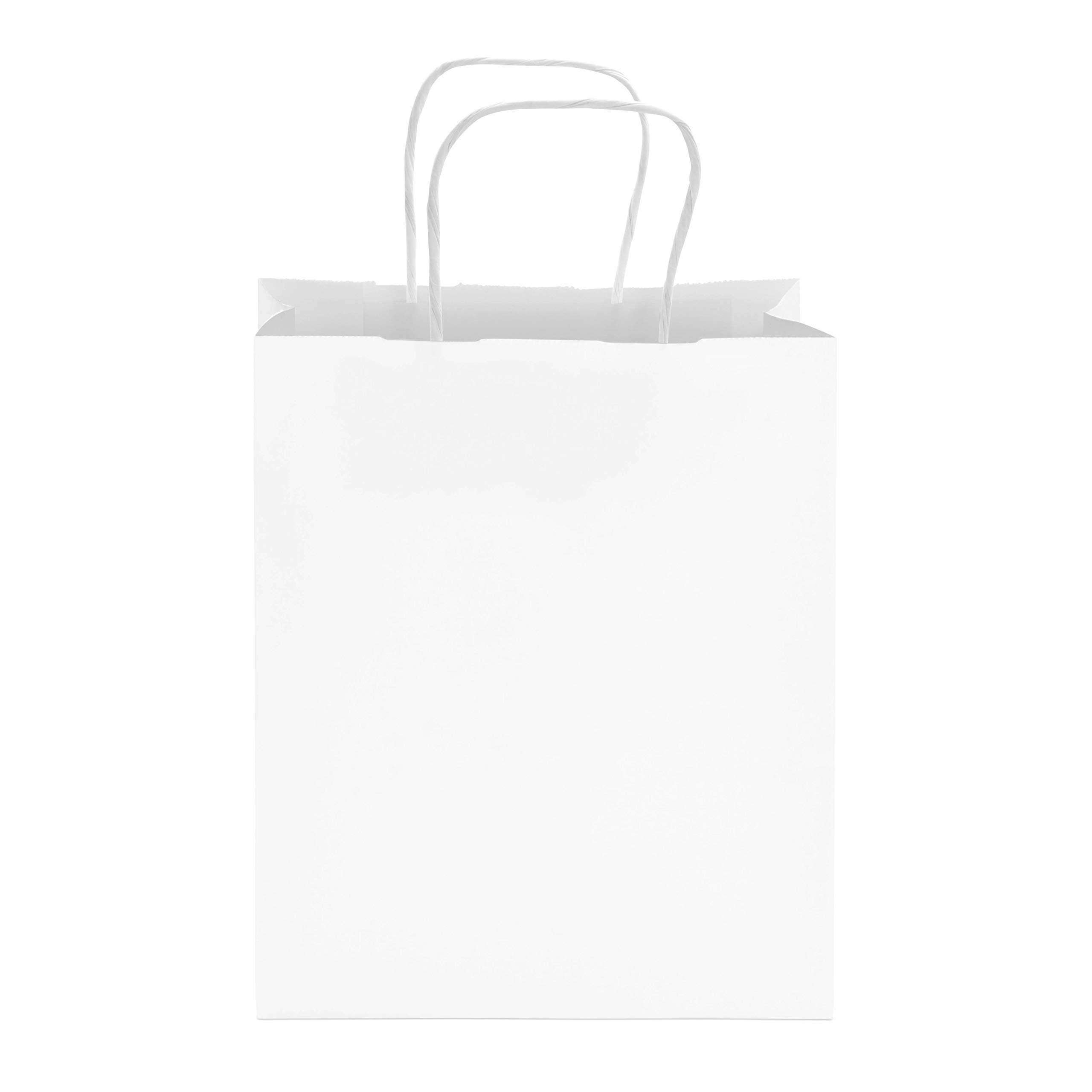 Prime Line Packaging 8x4x10 100 Pack Small White Kraft Paper Shopping Bags with Handles, Business, Boutiques, Retail, Birthdays, Party Favors, Bulk