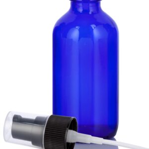 JUVITUS 2 oz Cobalt Blue Glass Boston Round Black Treatment Pump Bottle + Funnel (10 Pack)