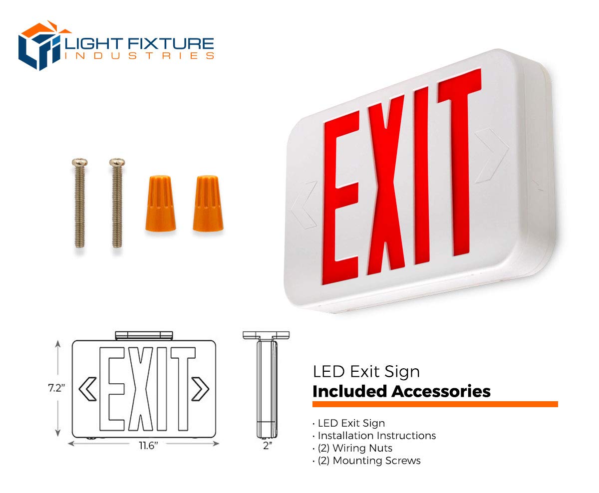 LFI Lights | Red Exit Sign | All LED | White Thermoplastic Housing | Hardwired with Battery Backup | Optional Double Face & Knock Out Arrows | UL Listed | Contractor Standard | (2 Pack) | LEDJR-R