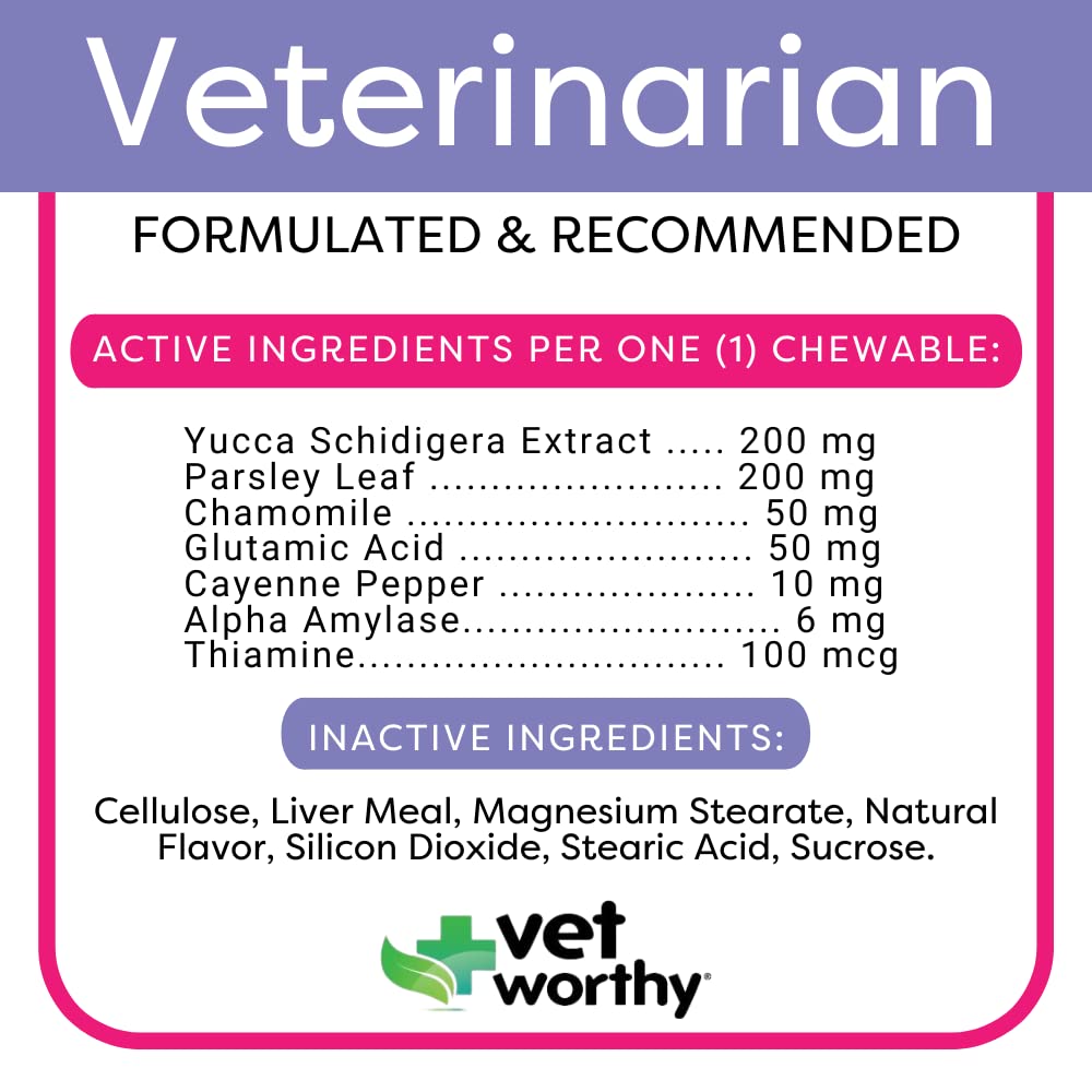 Vet Worthy Stop Stool Ingestion -Coprophagia - Dogs Supplement to Prevent Stool Eating - Dog Supplement with Yucca Schidigera, Parsley Leaf, Chamomile, Thiamine - Liver Flavor, 120 Chewable Tablets