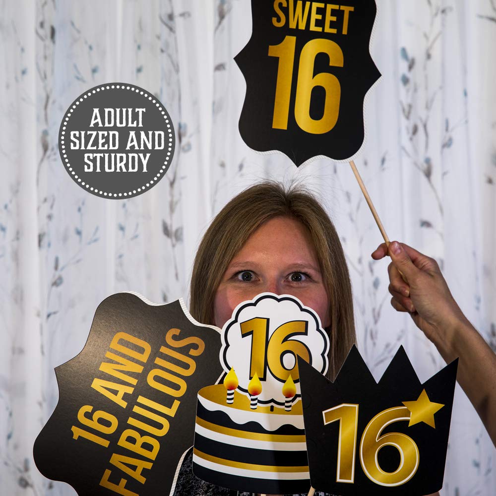 16th Birthday Photo Booth Props by PartyGraphix. DIY 16th Birthday Party Props Kit (34 Count, Black and Gold)