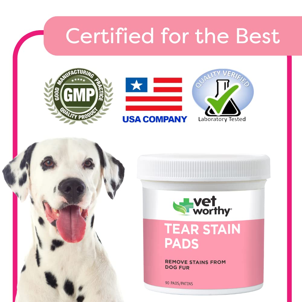 Vet Worthy Tear Stain Pads for Dogs - Solution Soaked Pads - Remove Stains from Dogs Fur - Gentle and Safe - 90 Pads.