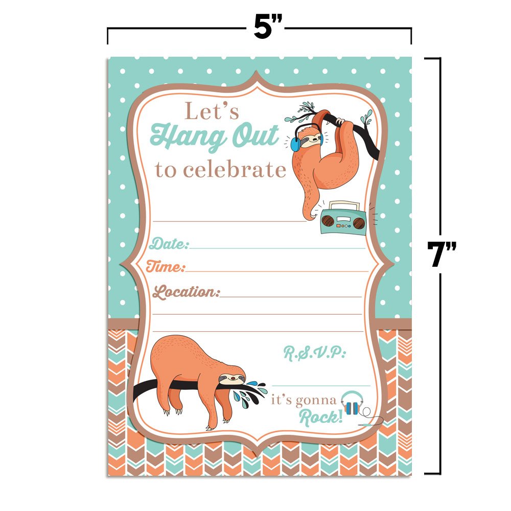 Silly Sloth Birthday Party Invitations, 20 5x7 Fill In Cards with Twenty White Envelopes by AmandaCreation