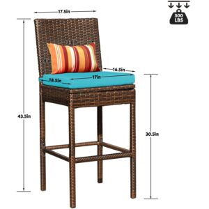 Sundale Outdoor Bar Stools 30 Inch Seat Height Set of 2, Patio Wicker Counter Stools with Back Rest, High Brown Rattan Chair with Pillow & Beige Cushion, All-Weather Armless Tall Pub Barstool