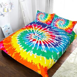 blessliving rainbow tie dye bedding colorful tye dye duvet cover psychedelic watercolor artsy bedding 3 piece art bedspread (queen)