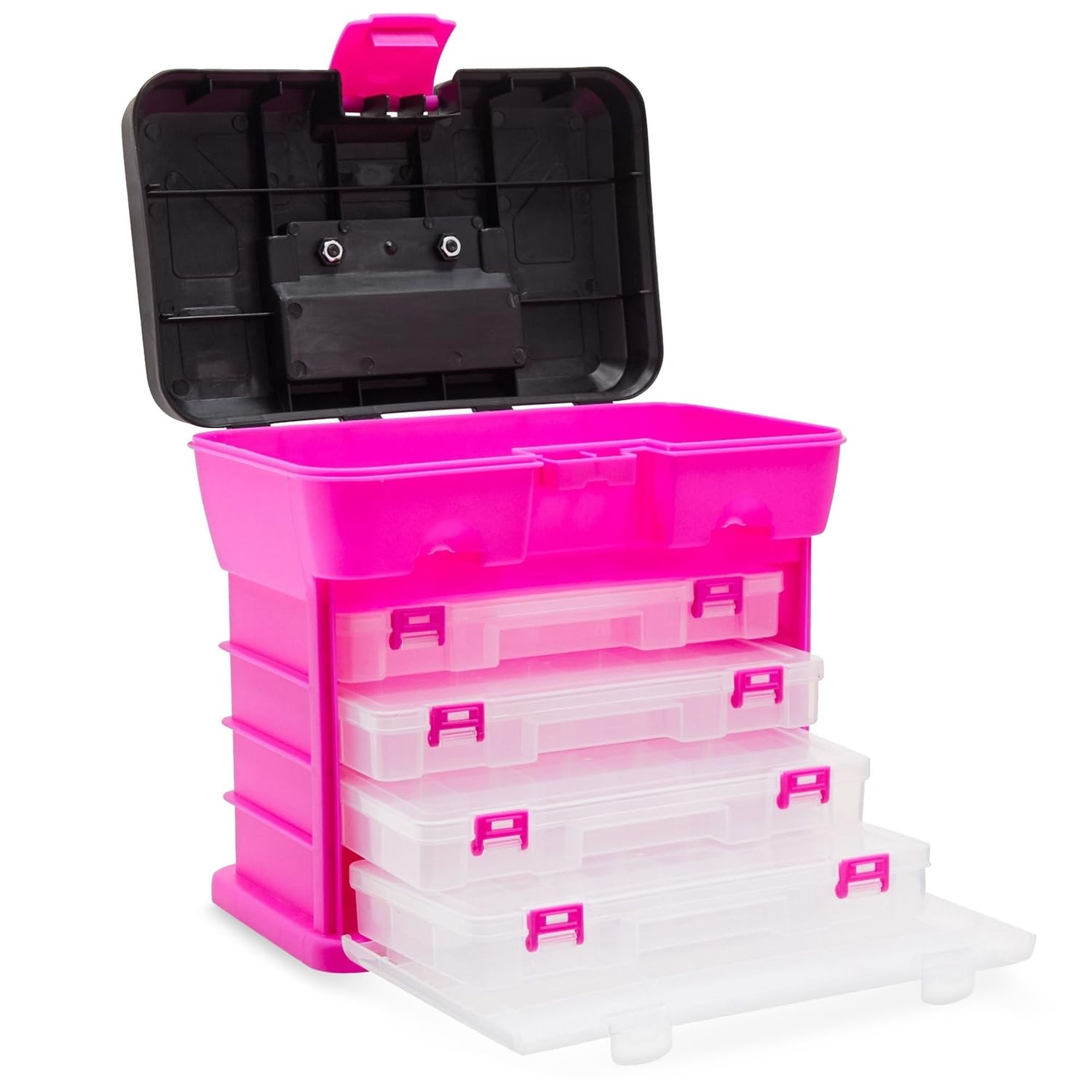 Juvale Pink Tackle Box for Women, 4 Drawer, 13 Compartment Tool Storage Organizer for Crafts, Dolls, Nail Kits, Sewing (10 x 10 Inches)