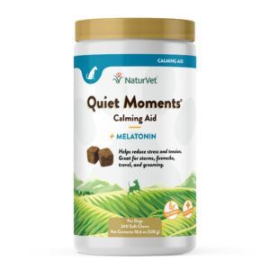 naturvet quiet moments calming aid melatonin dog supplement – helps reduce stress in dogs – for pet storm anxiety, fireworks, motion sickness, grooming, separation, travel – 240 ct. chews