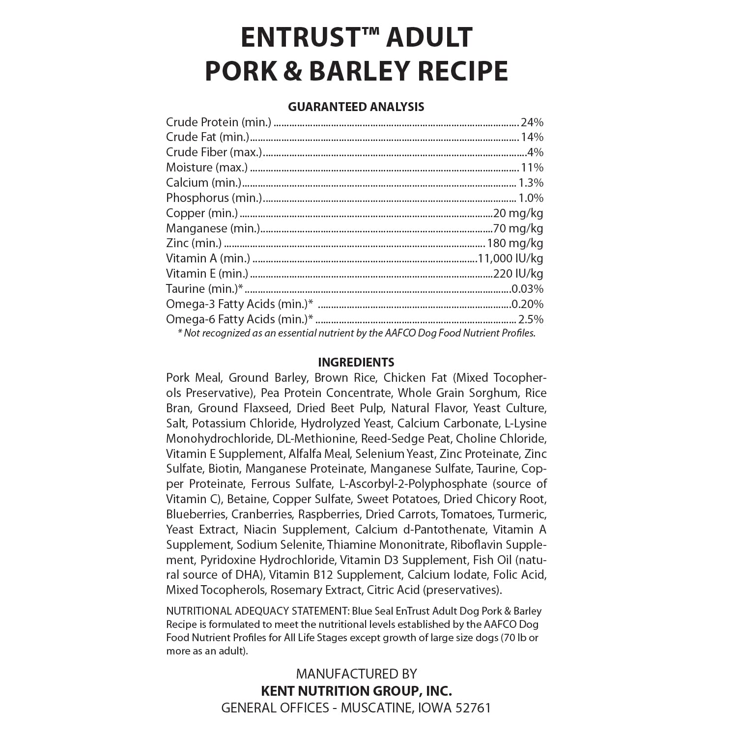 ENTRUST Adult Dog Food | Pork & Barley | Enriched with Super Foods, Antioxidants and Probiotics | No Wheat or Soy | 20 Pound Bag