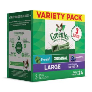 greenies large natural dog dental care chews oral health dog treats 3-flavor variety pack, (3) 12 oz. pouches