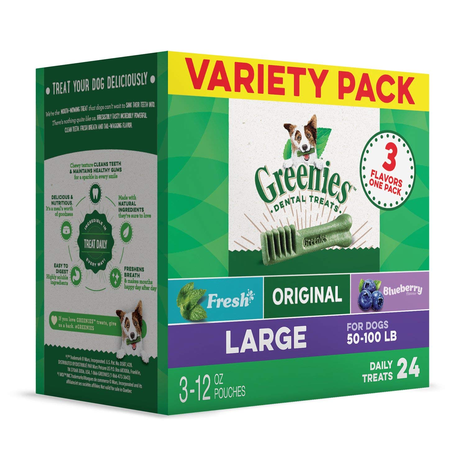 GREENIES Large Natural Dog Dental Care Chews Oral Health Dog Treats 3-Flavor Variety Pack, (3) 12 oz. Pouches