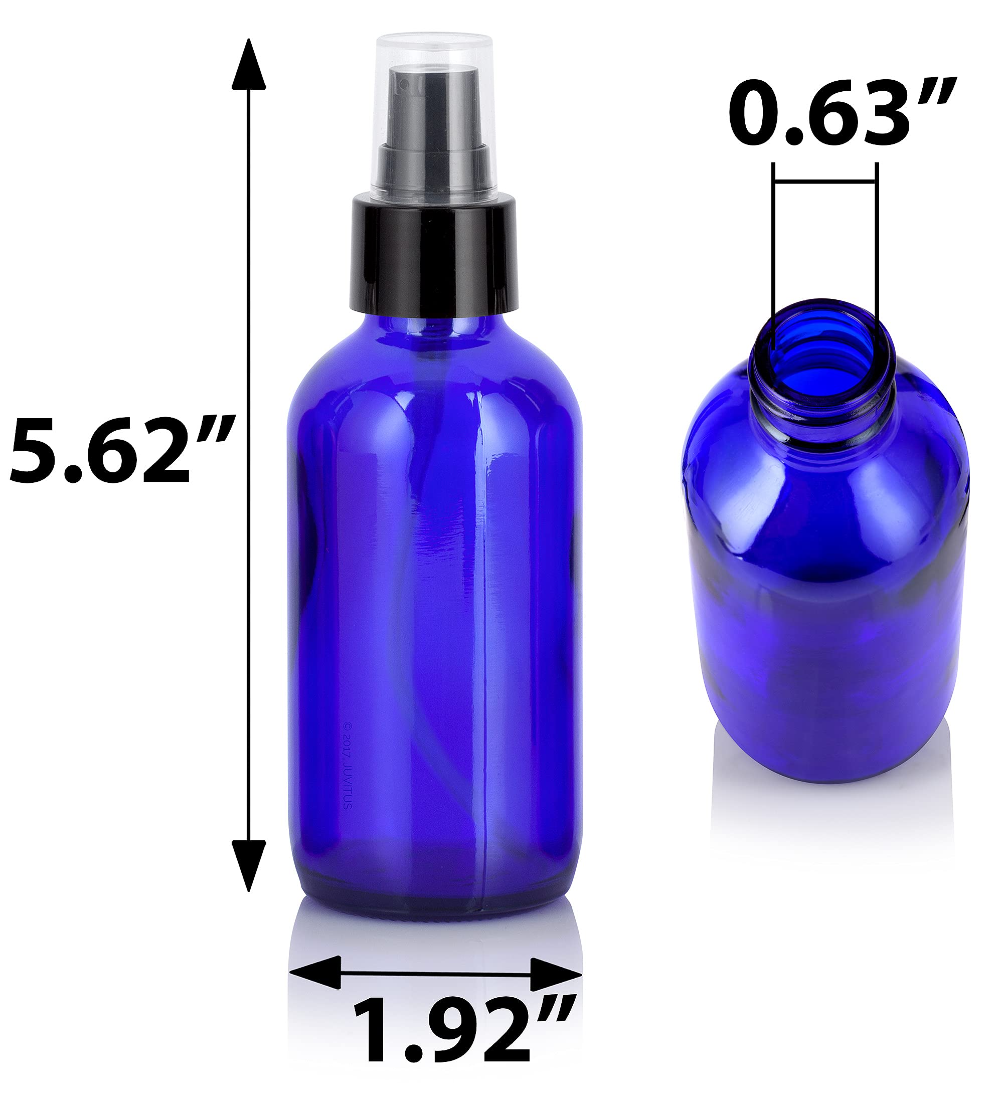 JUVITUS 4 oz / 120 ml Cobalt Blue Glass Boston Round Bottle with Black Treatment Pump (6 Pack) + Funnel