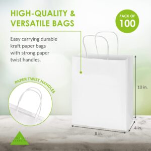 Prime Line Packaging 8x4x10 100 Pack Small White Kraft Paper Shopping Bags with Handles, Business, Boutiques, Retail, Birthdays, Party Favors, Bulk