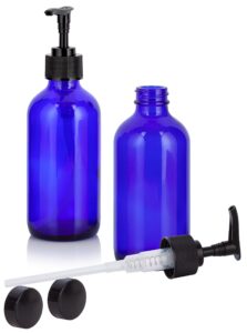 8 oz cobalt blue boston round glass bottles (2 pack) with two closures: black lotion pump and phenolic caps