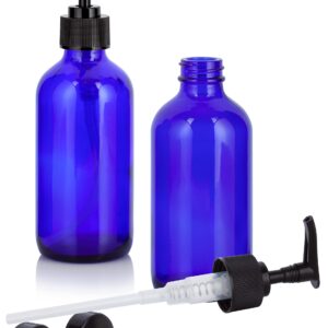 8 oz Cobalt Blue Boston Round Glass Bottles (2 Pack) with Two Closures: Black Lotion Pump and Phenolic Caps