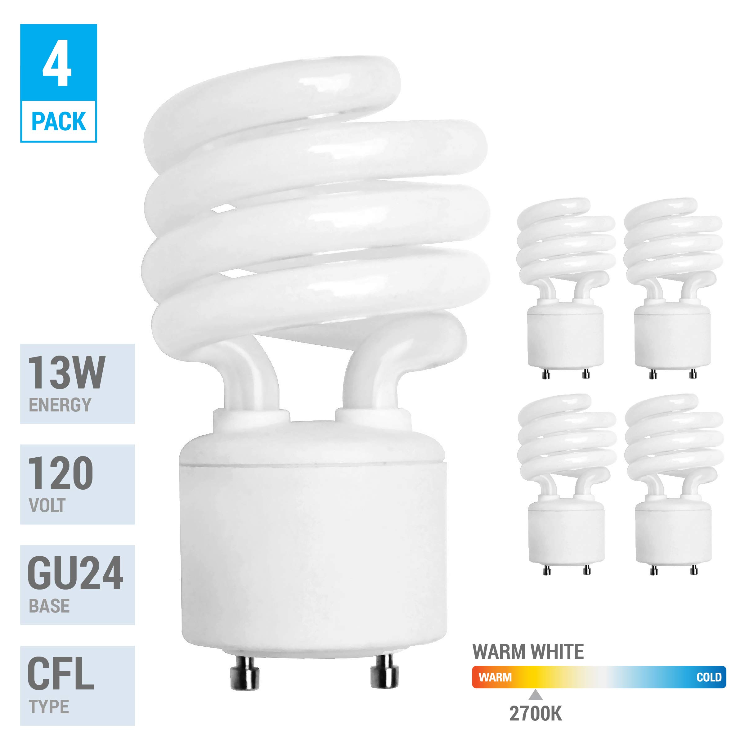 KOR (4 Pack) 13 Watt Mini Spiral - GU24 Base - (60W Equivalent) - T2 Mini-Twist - CFL Light Bulb (Warm White (2700K), CFL)