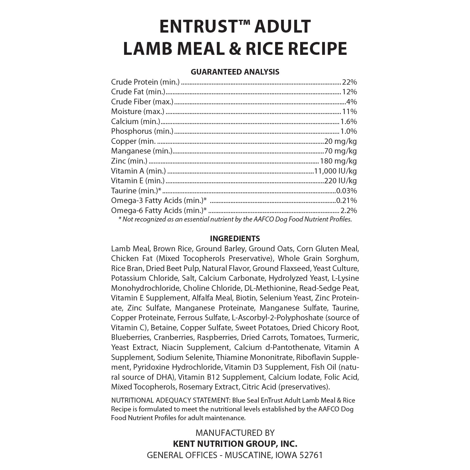 Blue Seal ENTRUST Adult Dog Food | Real Lamb & Rice | Enriched with Super Foods, Antioxidants and Probiotics | No Wheat or Soy | 6 Pound Bag