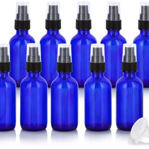 JUVITUS 2 oz Cobalt Blue Glass Boston Round Black Treatment Pump Bottle + Funnel (10 Pack)