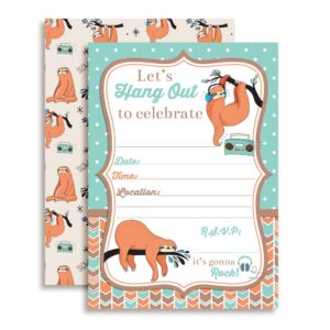 silly sloth birthday party invitations, 20 5x7 fill in cards with twenty white envelopes by amandacreation