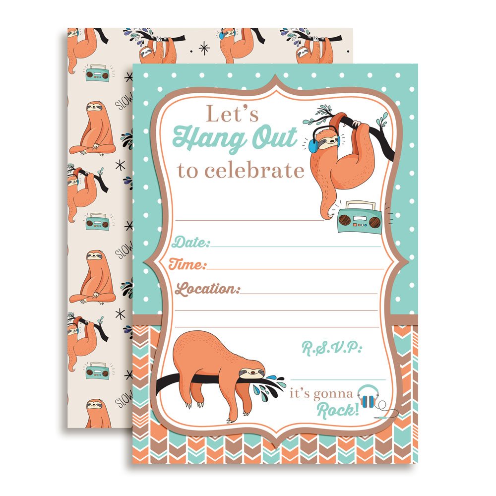 Silly Sloth Birthday Party Invitations, 20 5x7 Fill In Cards with Twenty White Envelopes by AmandaCreation