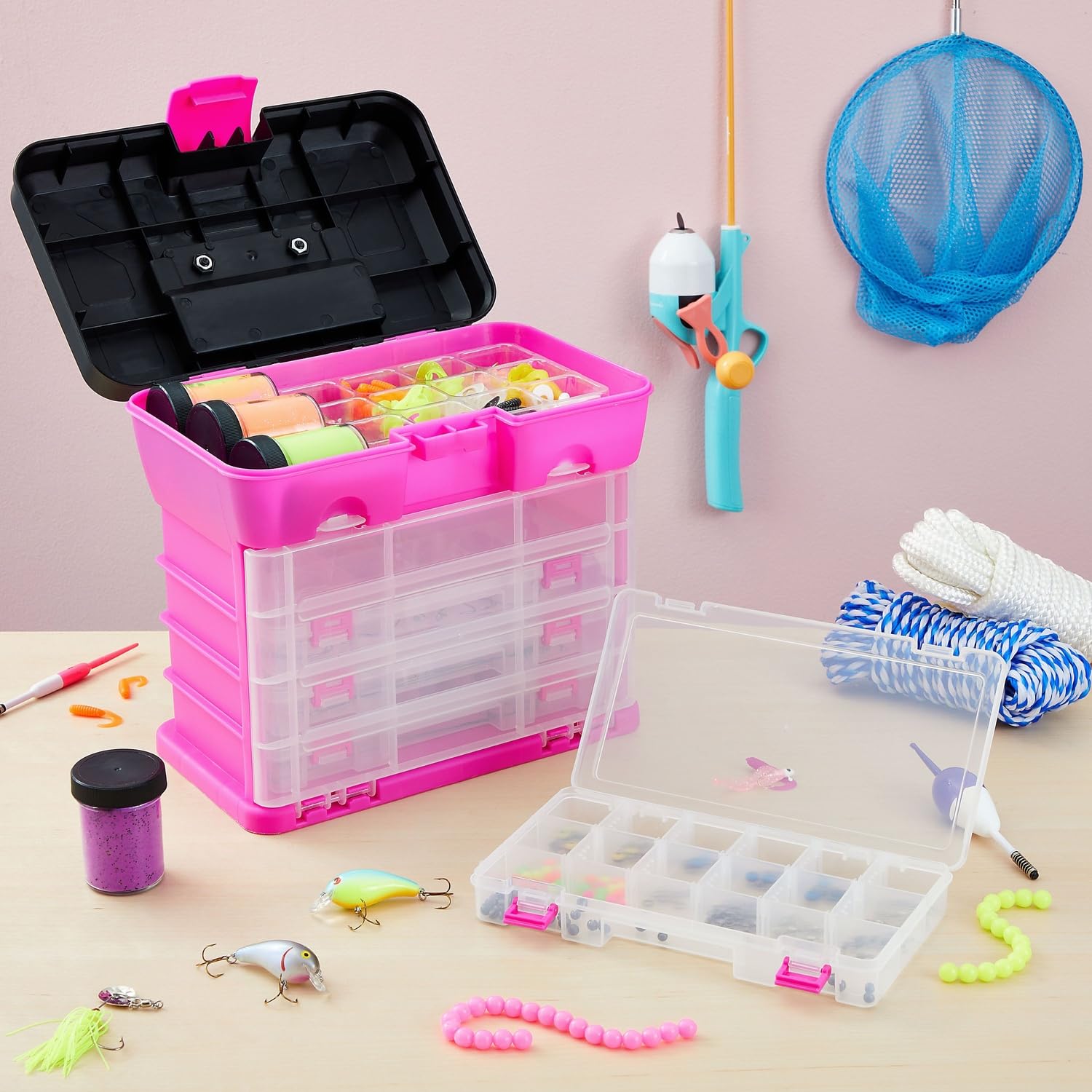 Juvale Pink Tackle Box for Women, 4 Drawer, 13 Compartment Tool Storage Organizer for Crafts, Dolls, Nail Kits, Sewing (10 x 10 Inches)