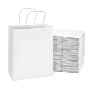 prime line packaging 8x4x10 100 pack small white kraft paper shopping bags with handles, business, boutiques, retail, birthdays, party favors, bulk