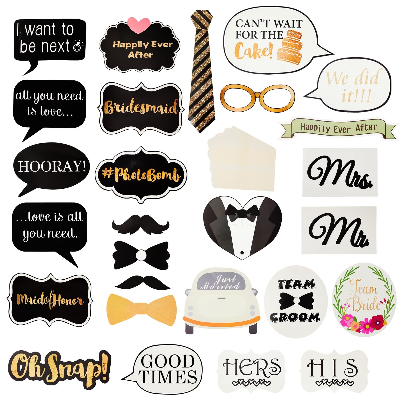 72 Pieces Wedding Photo Booth Props for Bridal Shower, Bachelorette Party, Photobooth Selfies, with Sticks and Stickers