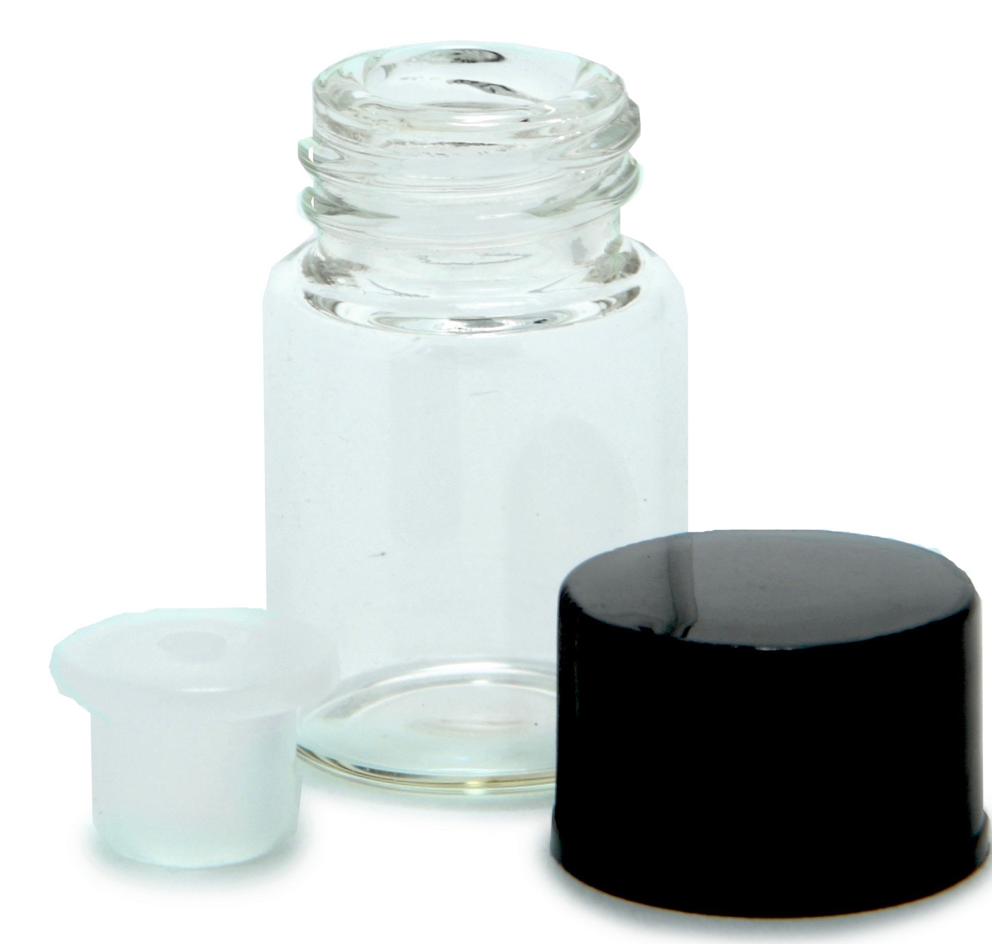 Vivaplex, 24, Clear, 1 ml (1/4 Dram) Glass Bottles, with Orifice Reducers and Black Caps