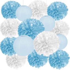 15pcs blue pom pom decorations - blue and white pom poms flowers decoration blue tissue paper lanterns party decorations - light blue tissue paper flowers decorations birthday decorations for women