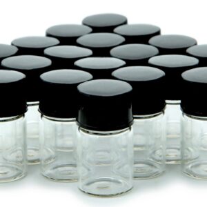 Vivaplex, 24, Clear, 1 ml (1/4 Dram) Glass Bottles, with Orifice Reducers and Black Caps