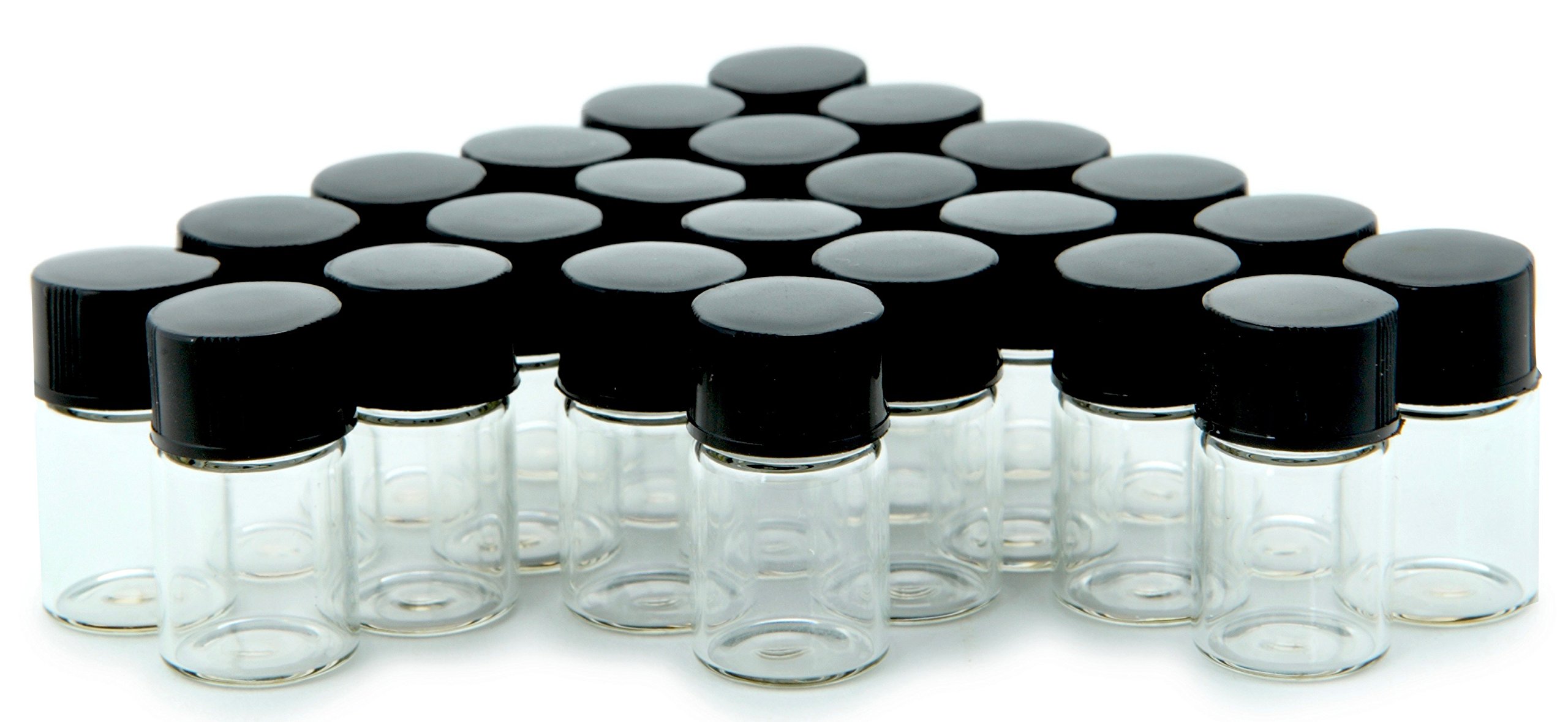 Vivaplex, 24, Clear, 1 ml (1/4 Dram) Glass Bottles, with Orifice Reducers and Black Caps