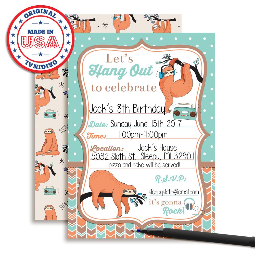 Silly Sloth Birthday Party Invitations, 20 5x7 Fill In Cards with Twenty White Envelopes by AmandaCreation