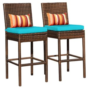 sundale outdoor bar stools 30 inch seat height set of 2, patio wicker counter stools with back rest, high brown rattan chair with pillow & beige cushion, all-weather armless tall pub barstool