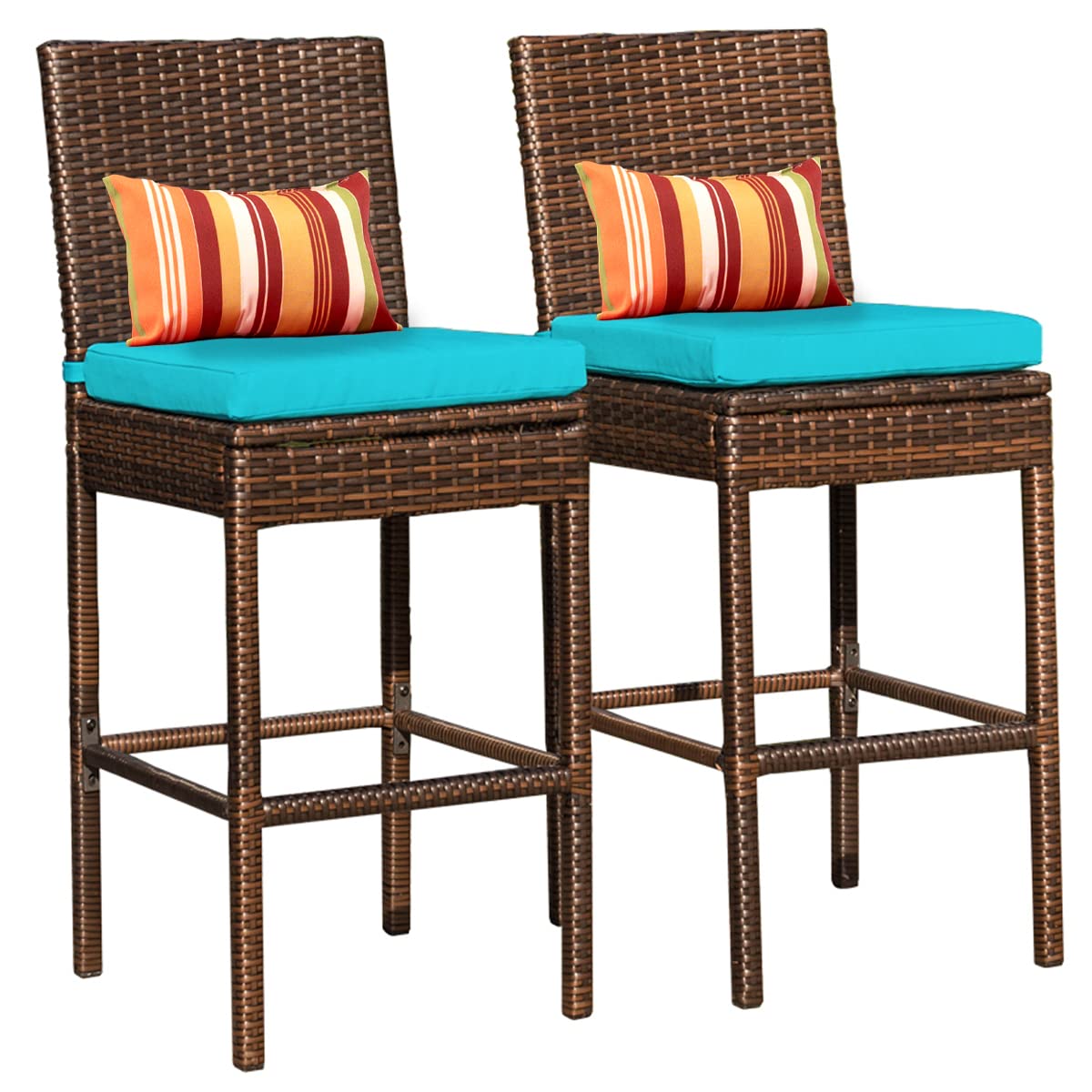 Sundale Outdoor Bar Stools 30 Inch Seat Height Set of 2, Patio Wicker Counter Stools with Back Rest, High Brown Rattan Chair with Pillow & Beige Cushion, All-Weather Armless Tall Pub Barstool