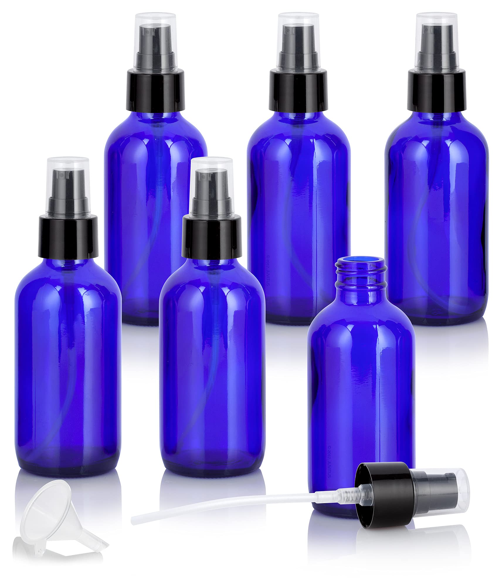 JUVITUS 4 oz / 120 ml Cobalt Blue Glass Boston Round Bottle with Black Treatment Pump (6 Pack) + Funnel