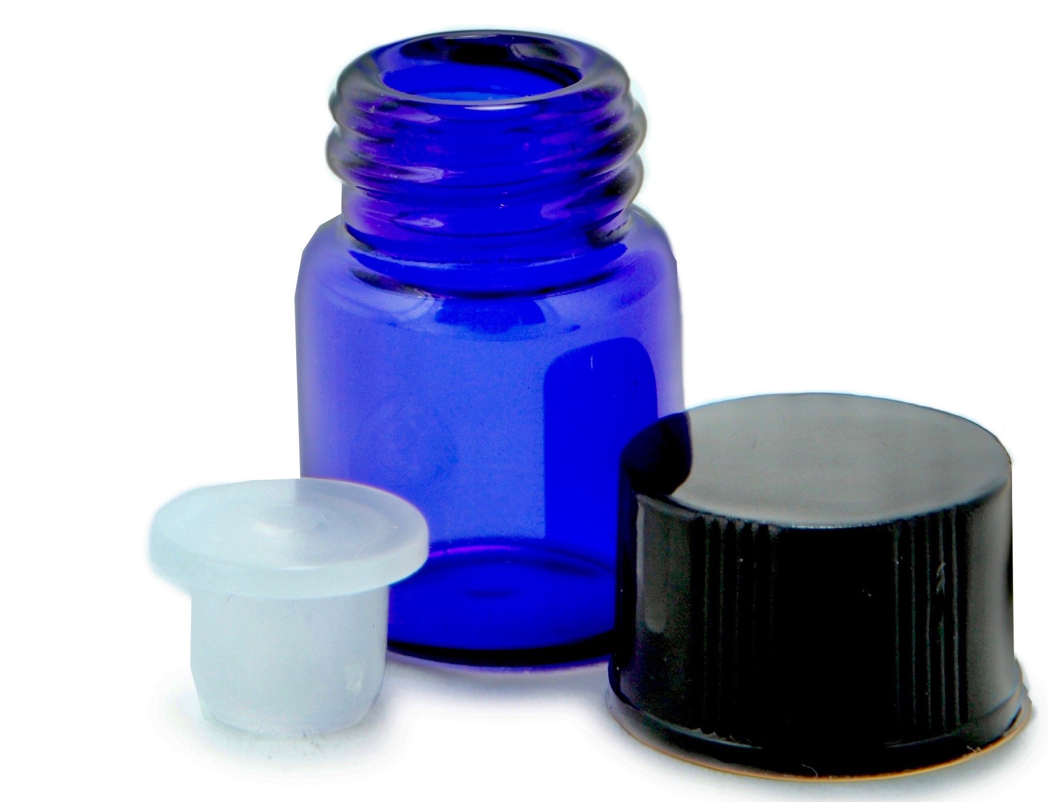 Vivaplex, 24, Cobalt Blue, 1 ml (1/4 Dram) Glass Bottles, with Orifice Reducers and Black Caps