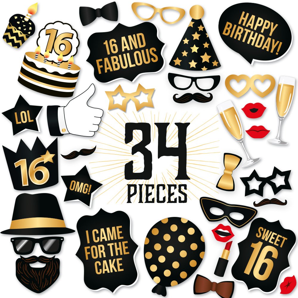 16th Birthday Photo Booth Props by PartyGraphix. DIY 16th Birthday Party Props Kit (34 Count, Black and Gold)