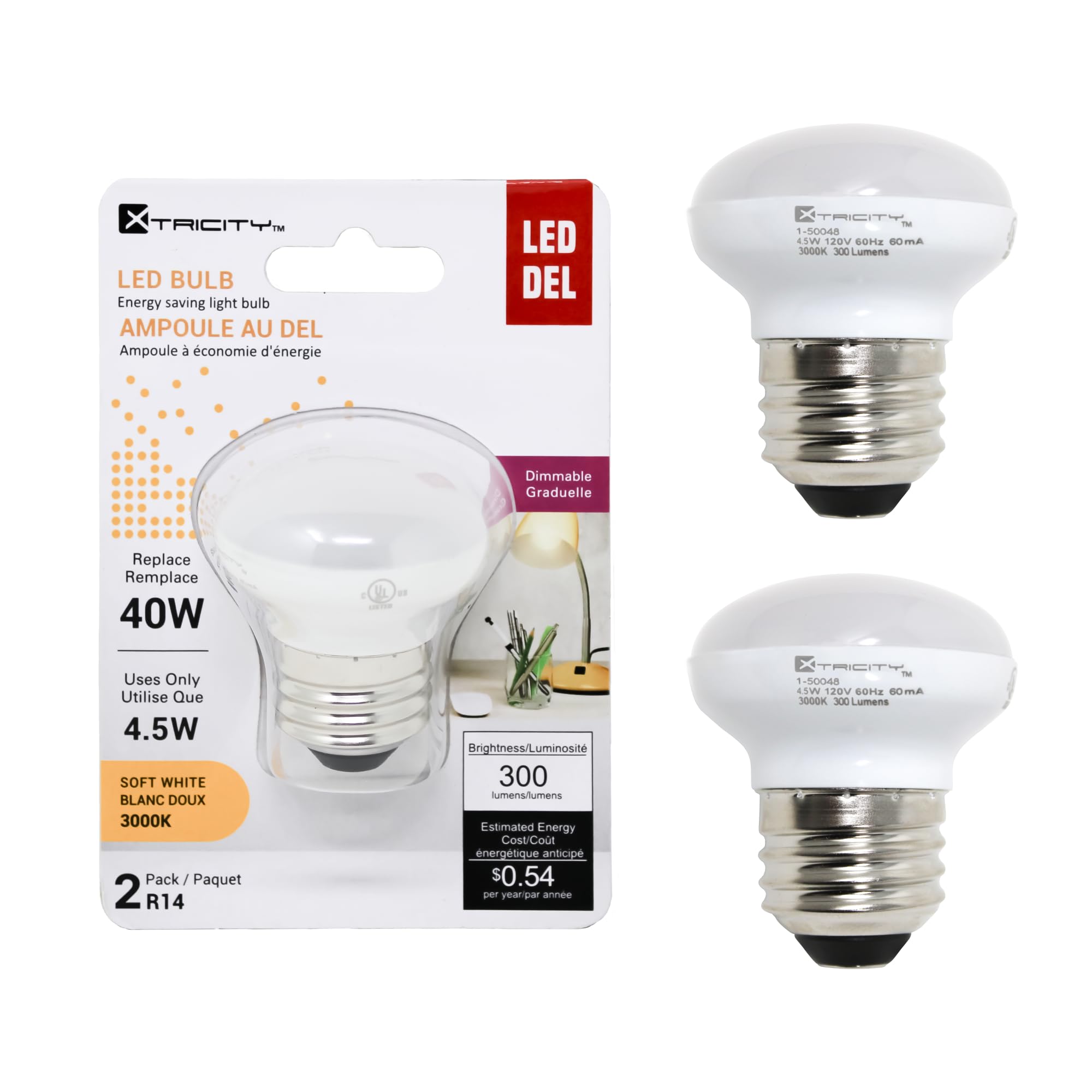 Xtricity R14 Dimmable LED Light Bulbs, E26 Base, 4.5W (40 Watt Equivalent), 3000k Soft White, 300 Lumens – Curio Cabinet Lighting, China Cabinet Lights - Mini Light Bulbs, RoHS Compliant (2 Pack)