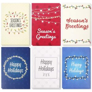 36 pack christmas cards with envelopes 4x6, happy holidays, seasons greetings, 6 lights designs