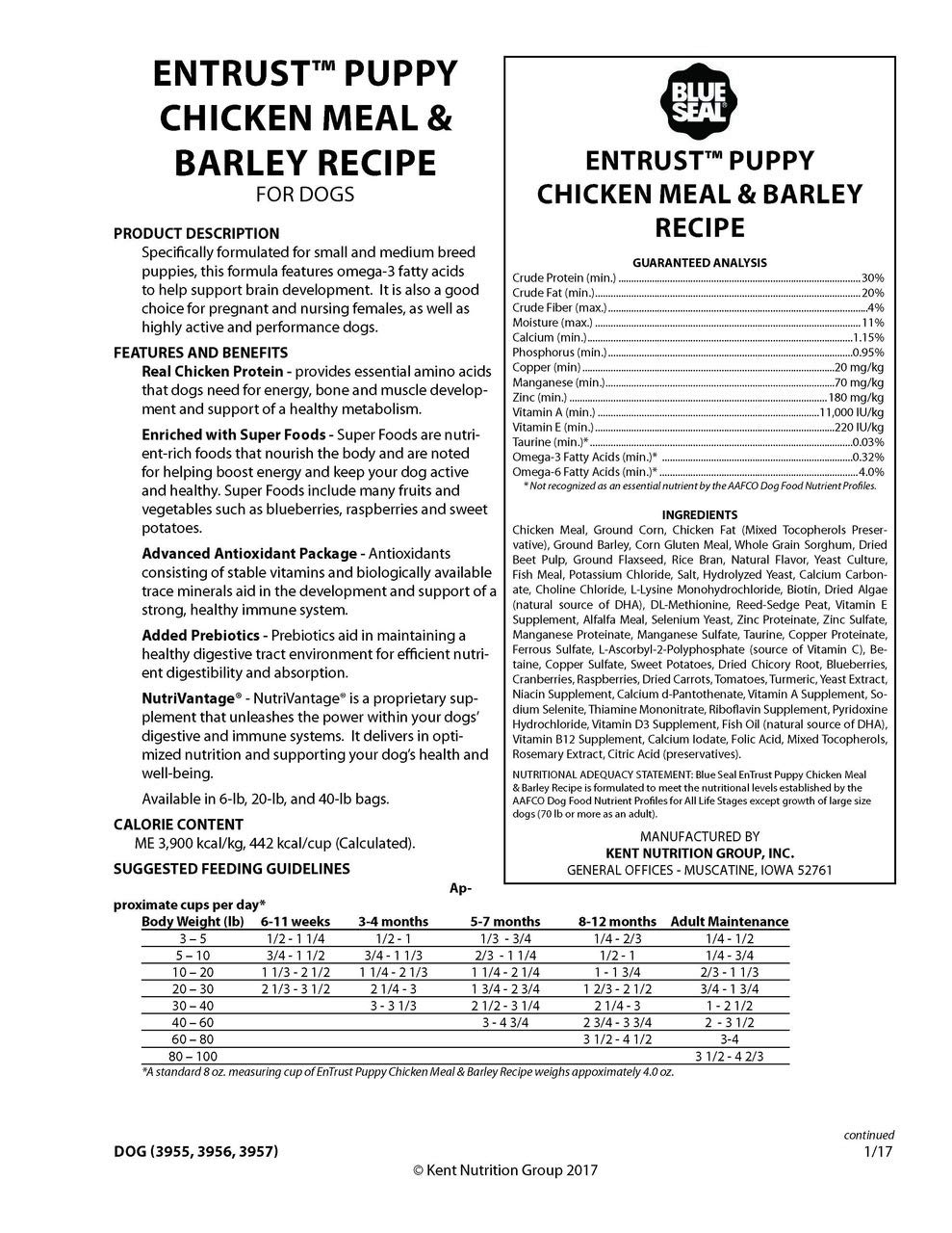 Blue Seal EnTrust Puppy Chicken Meal & Barley (20 Pounds)