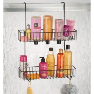 mDesign Extra Wide Metal Wire Over The Bathroom Shower Door Caddy, Hanging Storage Organizer Center with Built-in Hooks and Baskets on 2 Levels for Shampoo, Body Wash, Loofahs - Bronze