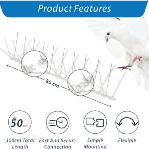 VIIRKUJA Bird Spikes 3 Metres Stainless Steel Pigeon Repellent 4 Rows Total Length 300 cm 6 Elements 50 cm Bird Repellent with Click Closure and Predetermined Breaking Points