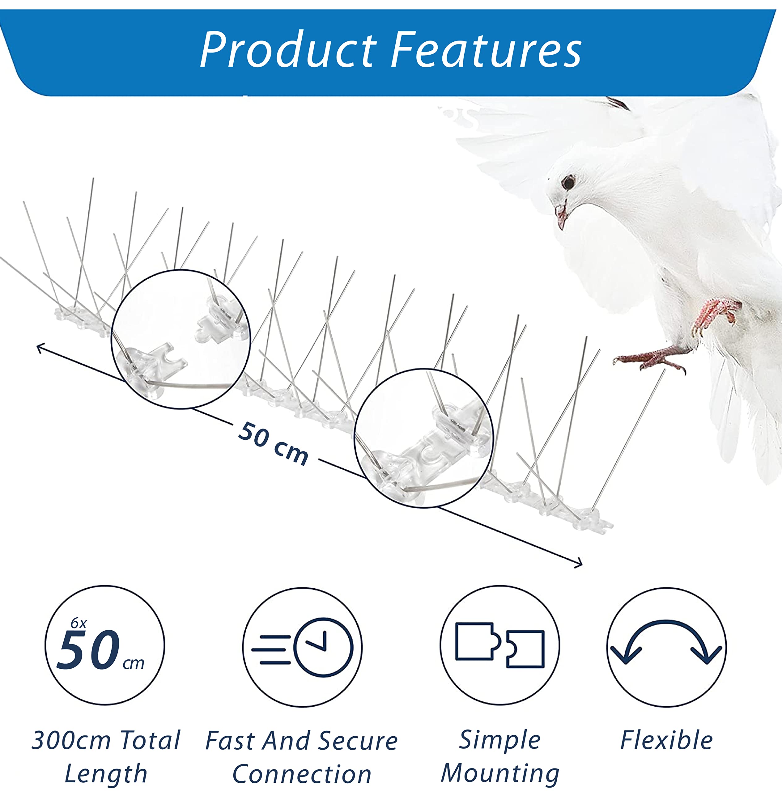 VIIRKUJA Bird Spikes 3 Metres Stainless Steel Pigeon Repellent 4 Rows Total Length 300 cm 6 Elements 50 cm Bird Repellent with Click Closure and Predetermined Breaking Points