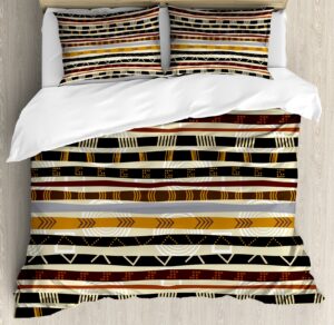 ambesonne abstract duvet cover set, ethnic style geometric forms striped pattern on bold earth tones print, decorative 3 piece bedding set with 2 pillow shams, king size, orange cream