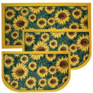 Kashi Home Kitchen Rug, Printed Area Rug, Durable Floor, Door Mat, Farmhouse Non-Slip Carpet Latex Backing Beautiful Design Sunflower 3pc Set (2 18x30 D Shape & 1 20x40)