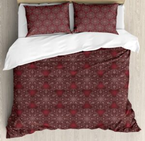 ambesonne maroon duvet cover set, detailed ornate flowers curves swirls petals dusky victorian garden, decorative 3 piece bedding set with 2 pillow shams, king size, burgundy maroon