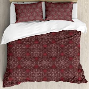 Ambesonne Maroon Duvet Cover Set, Detailed Ornate Flowers Curves Swirls Petals Dusky Victorian Garden, Decorative 3 Piece Bedding Set with 2 Pillow Shams, King Size, Burgundy Maroon