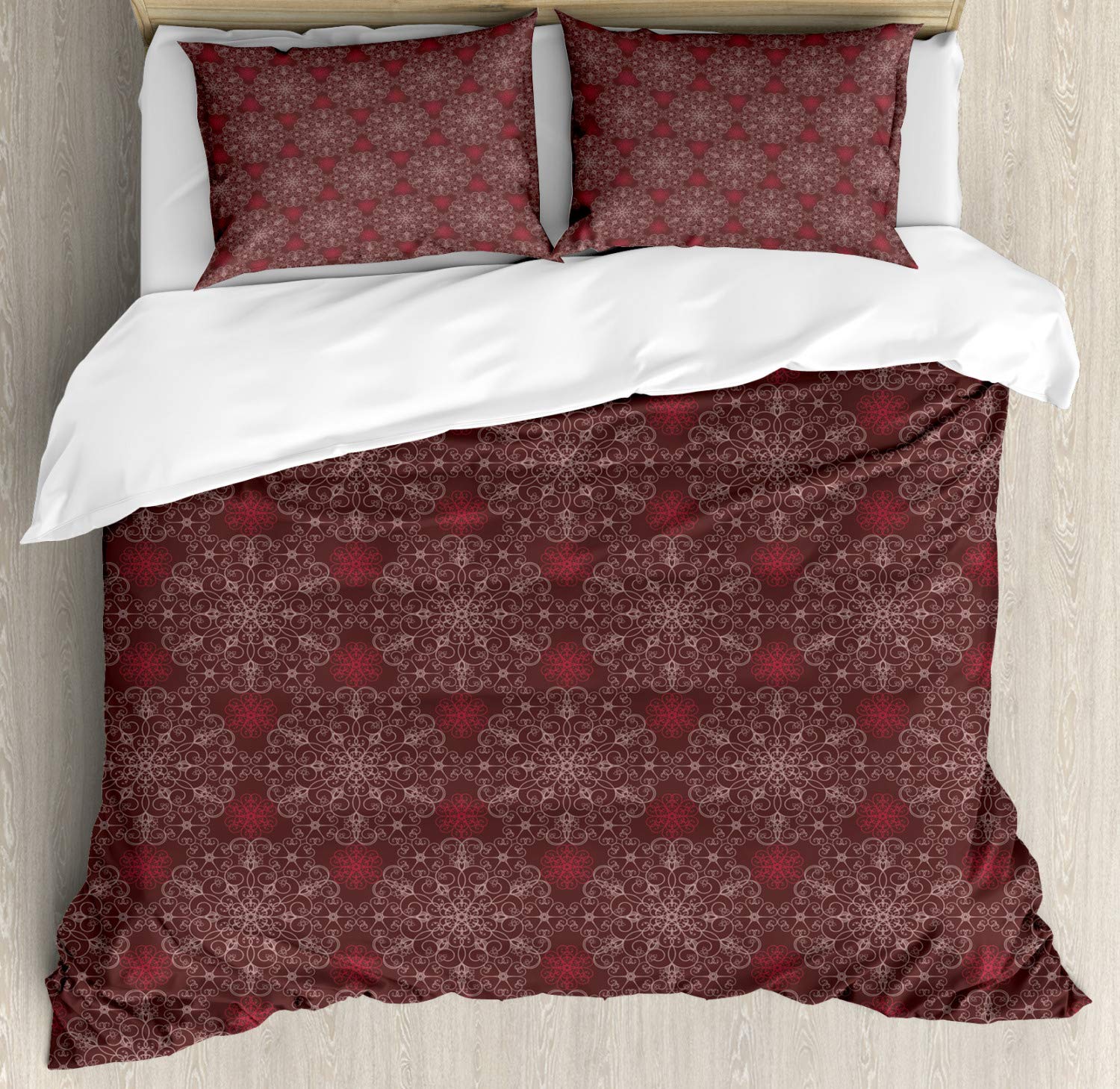 Ambesonne Maroon Duvet Cover Set, Detailed Ornate Flowers Curves Swirls Petals Dusky Victorian Garden, Decorative 3 Piece Bedding Set with 2 Pillow Shams, King Size, Burgundy Maroon