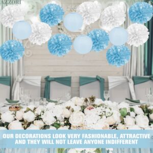 15Pcs Blue Pom Pom Decorations - Blue and White Pom Poms Flowers Decoration Blue Tissue Paper Lanterns Party Decorations - Light Blue Tissue Paper Flowers Decorations Birthday Decorations for Women